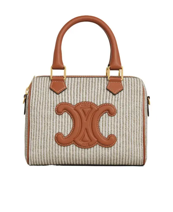 Celine Small Boston Triomphe Bag In Striped Textile And Calfskin