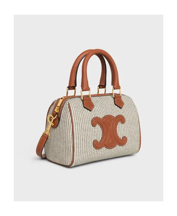 Celine Small Boston Triomphe Bag In Striped Textile And Calfskin