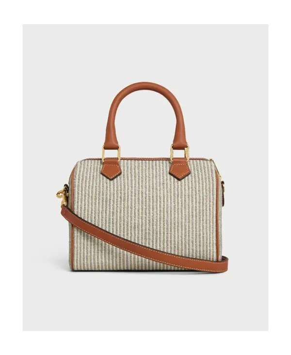 Celine Small Boston Triomphe Bag In Striped Textile And Calfskin