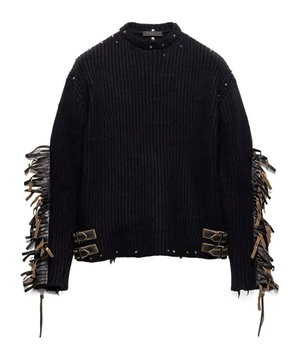 Prada Wool Crew-neck Sweater With Fringe And Studs - Black