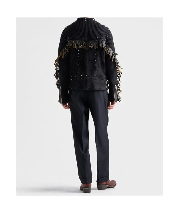 Prada Wool Crew-neck Sweater With Fringe And Studs
