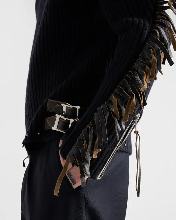 Prada Wool Crew-neck Sweater With Fringe And Studs