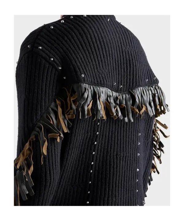 Prada Wool Crew-neck Sweater With Fringe And Studs