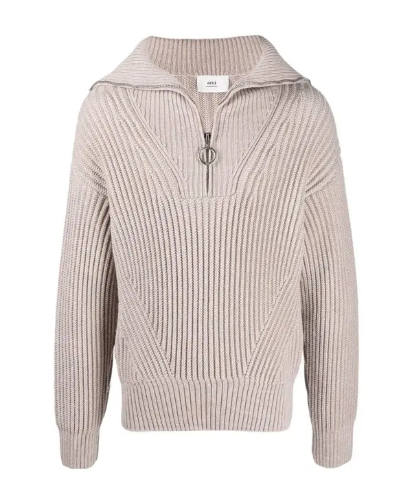 AMI Paris Half-zip Ribbed Knit Sweatshirt - Pink