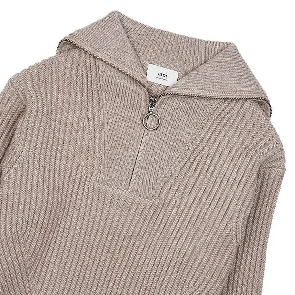 AMI Paris Half-zip Ribbed Knit Sweatshirt - Pink