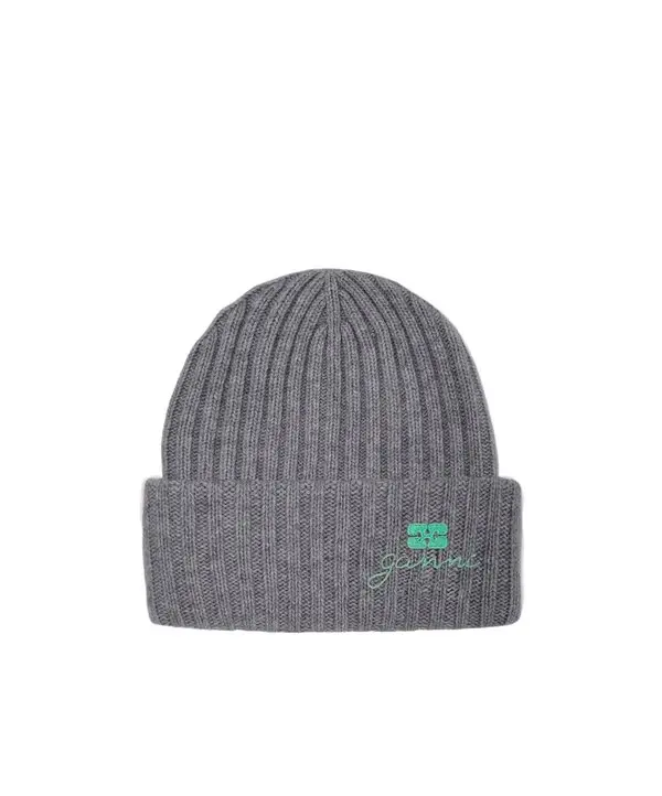 GANNI Ribbed Wool Knit Beanie - Grey
