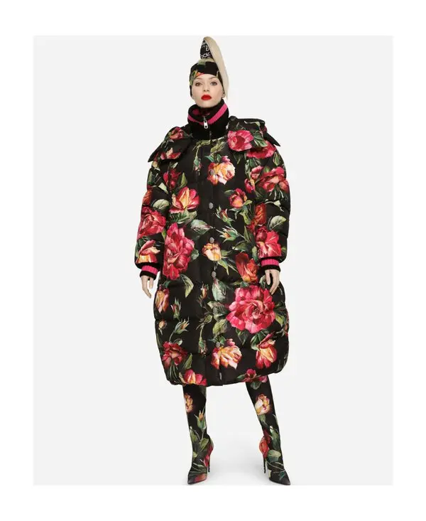 Dolce & Gabbana Floral Print High Neck Long Down Coat