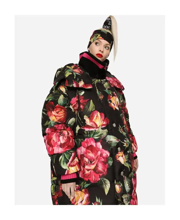 Dolce & Gabbana Floral Print High Neck Long Down Coat