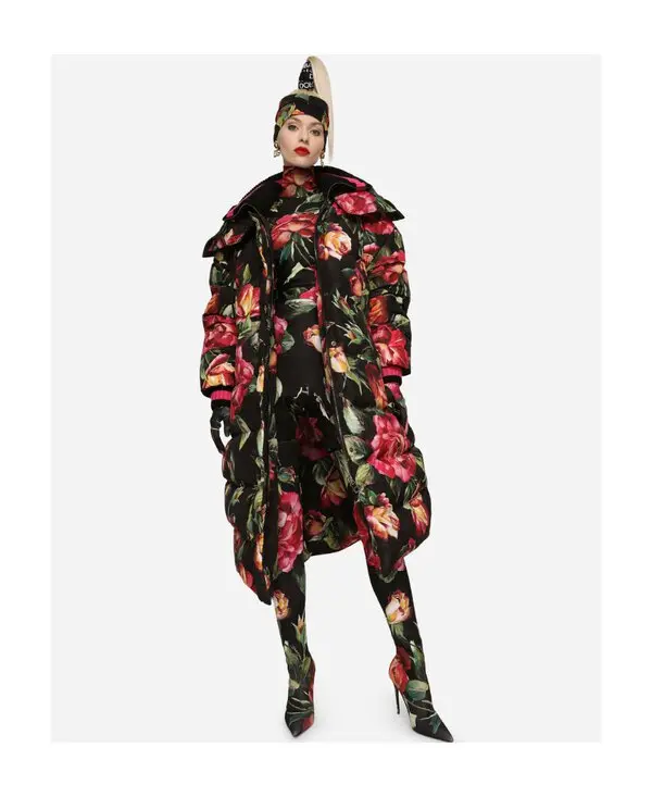 Dolce & Gabbana Floral Print High Neck Long Down Coat