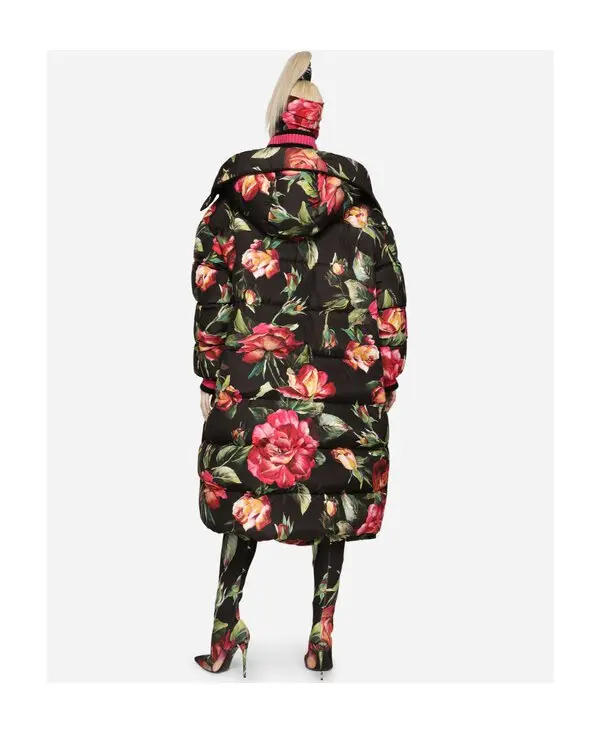 Dolce & Gabbana Floral Print High Neck Long Down Coat