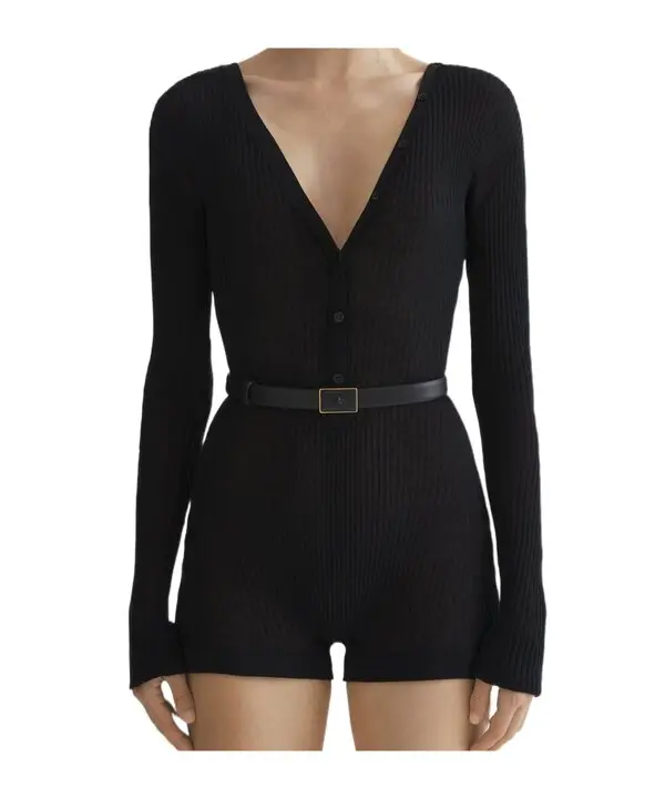 MUGLER Ribbed V-neck Long Sleeve Bodyshorts
