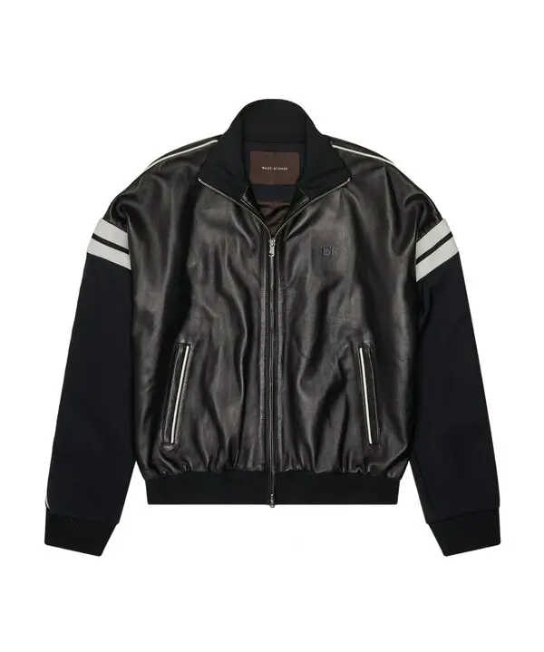 WALES BONNER High Neck Zipped Leather Bomber Jacket With Stripe Detail