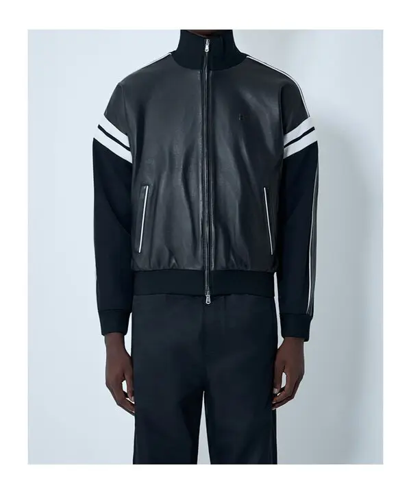 WALES BONNER High Neck Zipped Leather Bomber Jacket With Stripe Detail