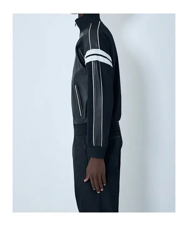 WALES BONNER High Neck Zipped Leather Bomber Jacket With Stripe Detail