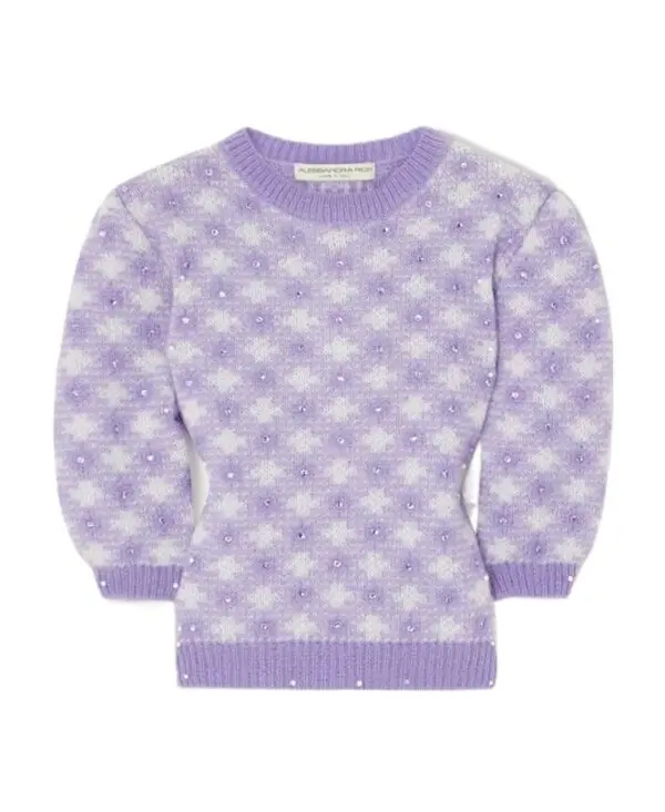 Alessandra Rich Embellished Argyle Round Neck Sweater