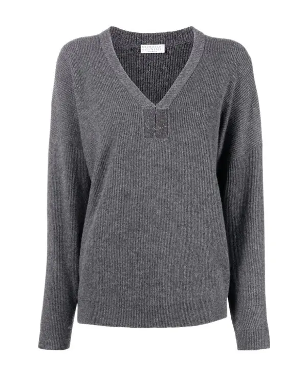 Brunello Cucinelli Ribbed V-neck Long-sleeve Sweater - Grey