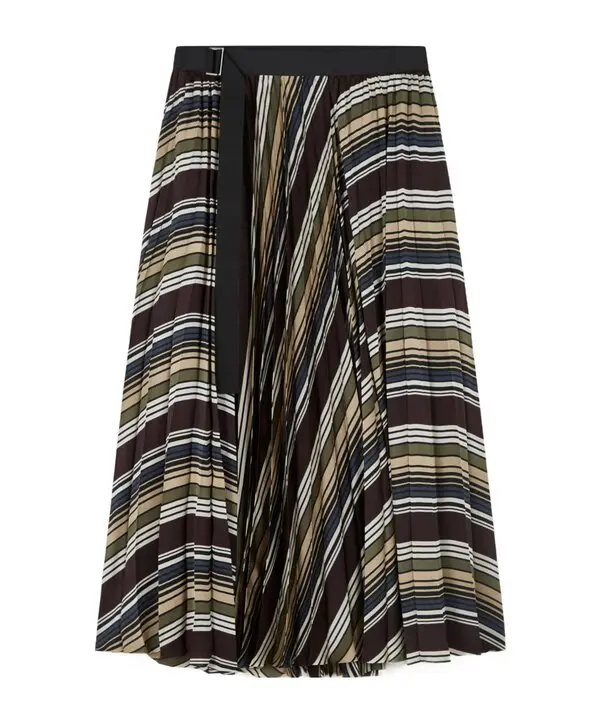 Sacai Striped Pleated Midi Skirt