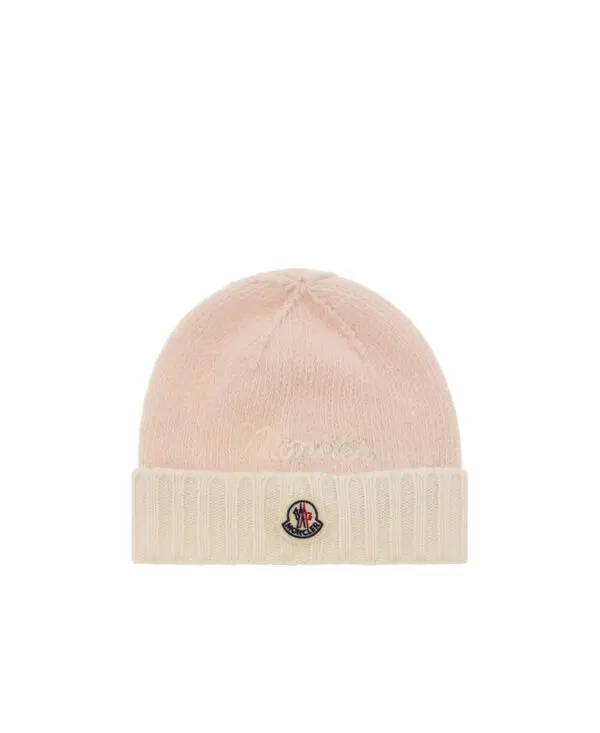 Moncler Logo Patch Beanie - Pink And Cream