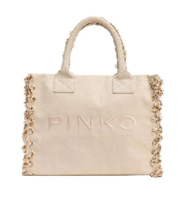 Pinko Logo Embroidered Frayed-edge Tote Bag - Nude
