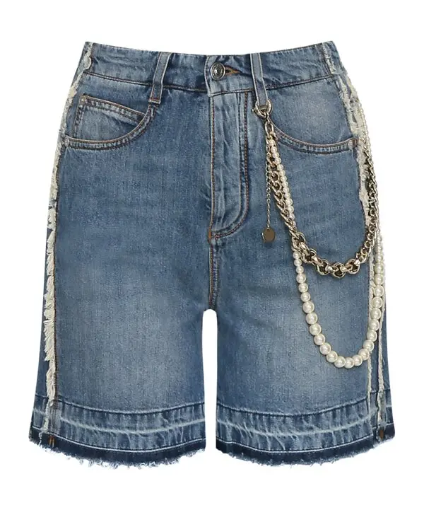 Ermanno Scervino Denim Shorts With Pearl And Chain Embellishment