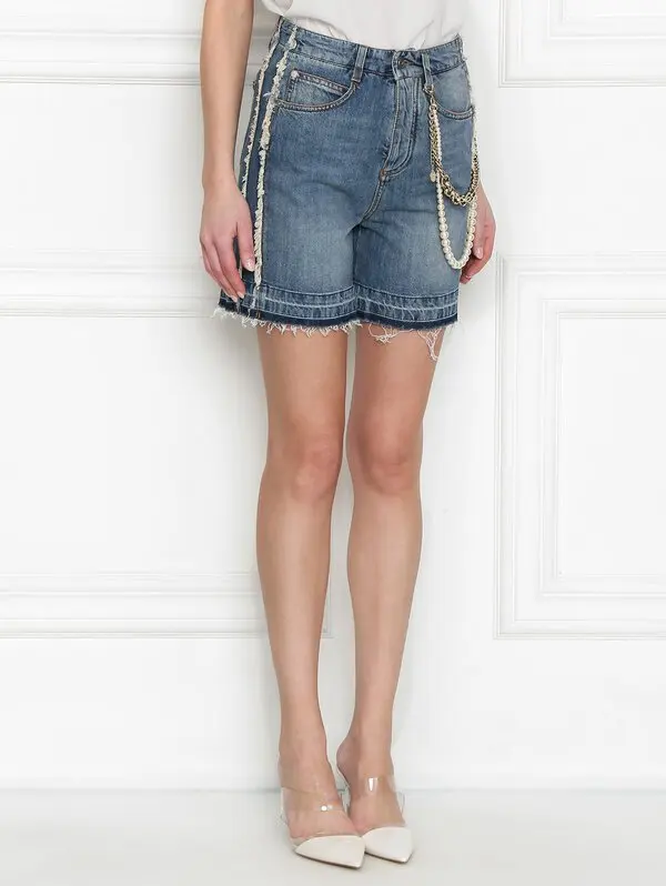 Ermanno Scervino Denim Shorts With Pearl And Chain Embellishment