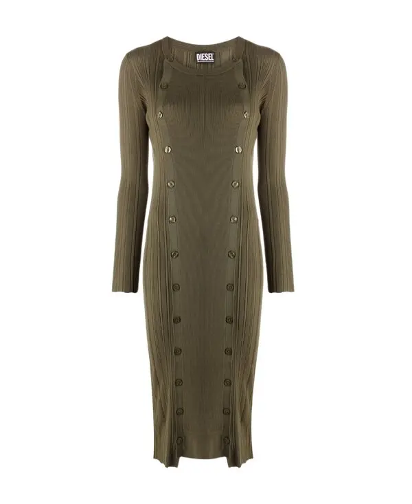 DIESEL® Ribbed Knit Midi Dress With Button Detail - Brown
