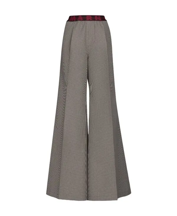 Marni Houndstooth Pattern Flared Trousers With Logo Waistband - Gray