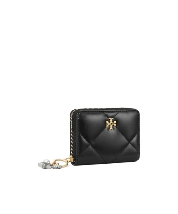 Tory Burch Small Kira Charm Diamond Quilt Zip Around Wallet - Black
