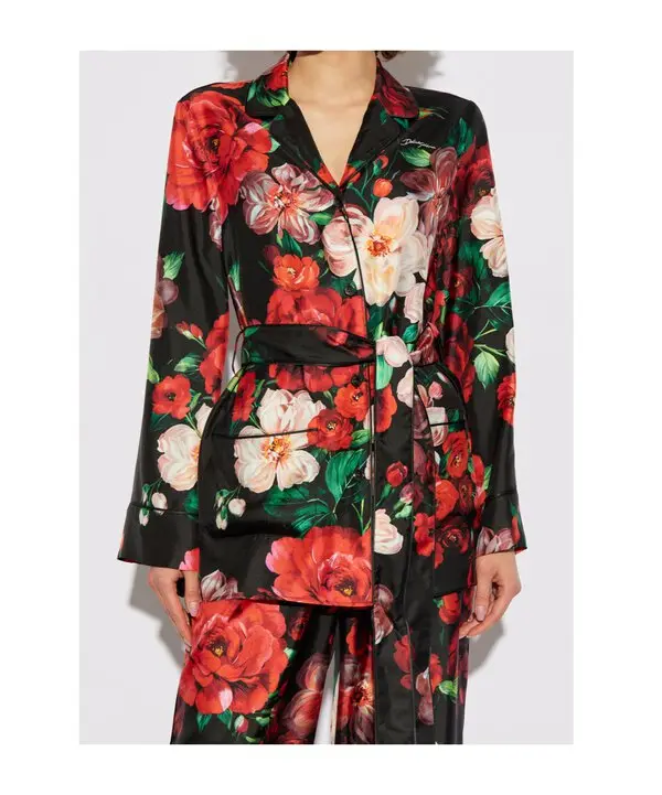 Dolce & Gabbana Rose Printed Long Sleeve Twill Pajama Shirt - Red