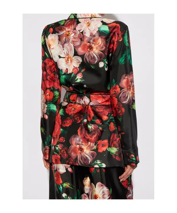 Dolce & Gabbana Rose Printed Long Sleeve Twill Pajama Shirt - Red