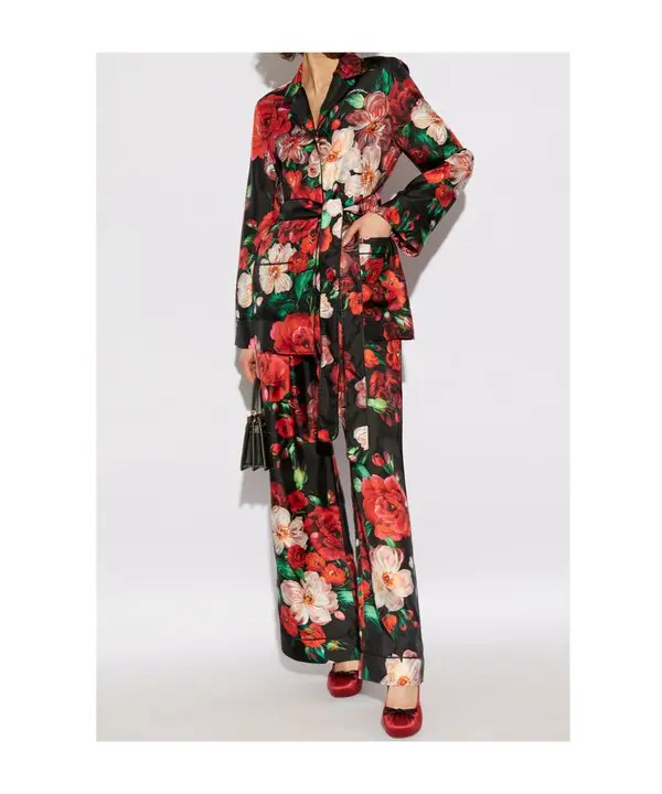 Dolce & Gabbana Rose Printed Long Sleeve Twill Pajama Shirt - Red