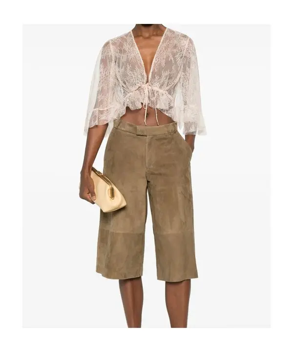 Alberta Ferretti Lace Cropped Top With Flared Sleeves And Drawstring
