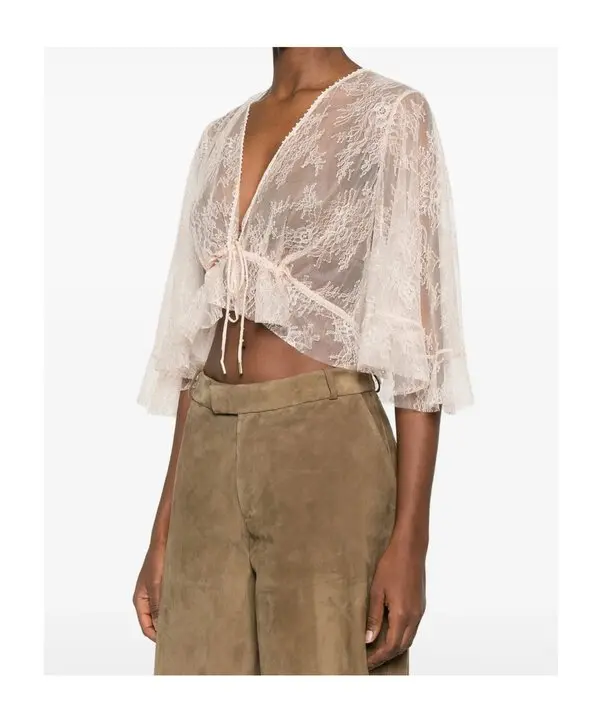 Alberta Ferretti Lace Cropped Top With Flared Sleeves And Drawstring