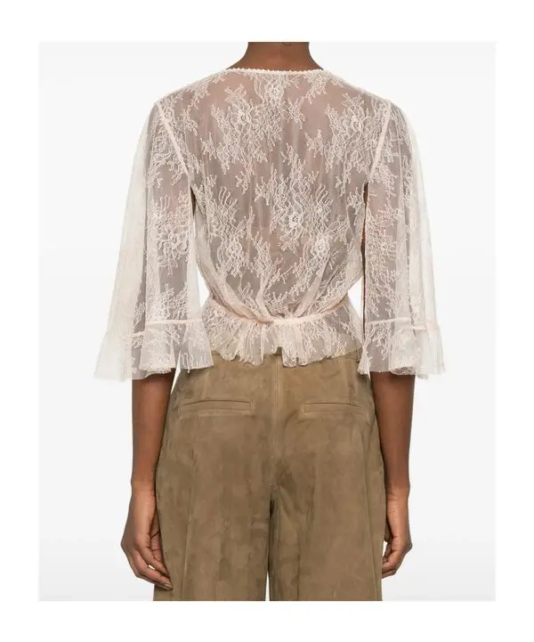 Alberta Ferretti Lace Cropped Top With Flared Sleeves And Drawstring