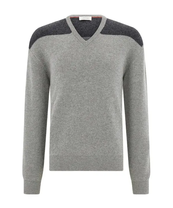 FERRAGAMO V-neck Sweater With Contrast Stripe Detail - Swallow Gray/mixed Color Gray