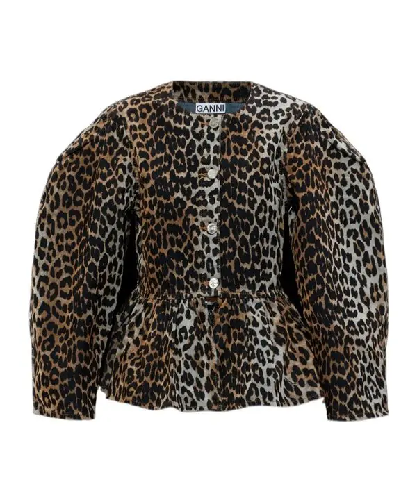 GANNI Animal Print Buttoned Peplum Jacket