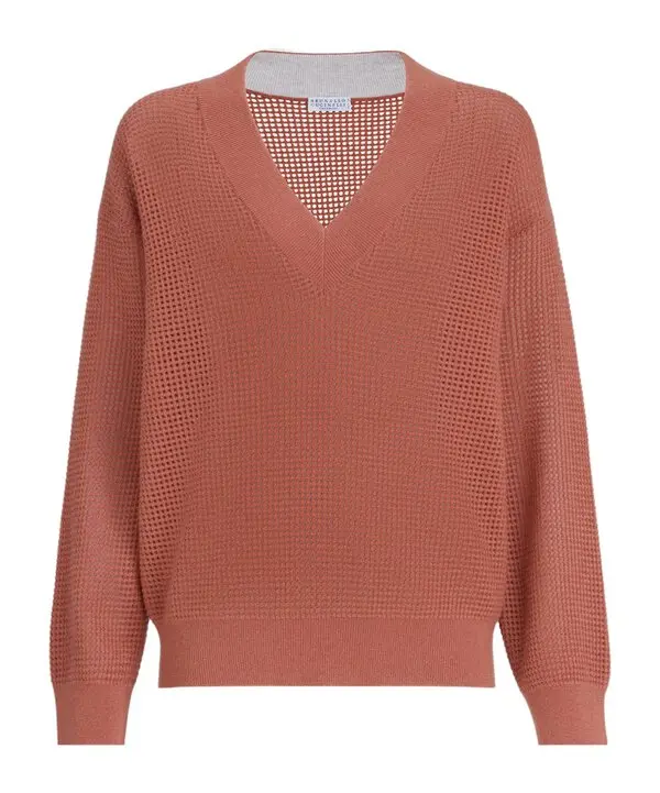 Brunello Cucinelli V-neck Mesh Knit Sweater - Orange