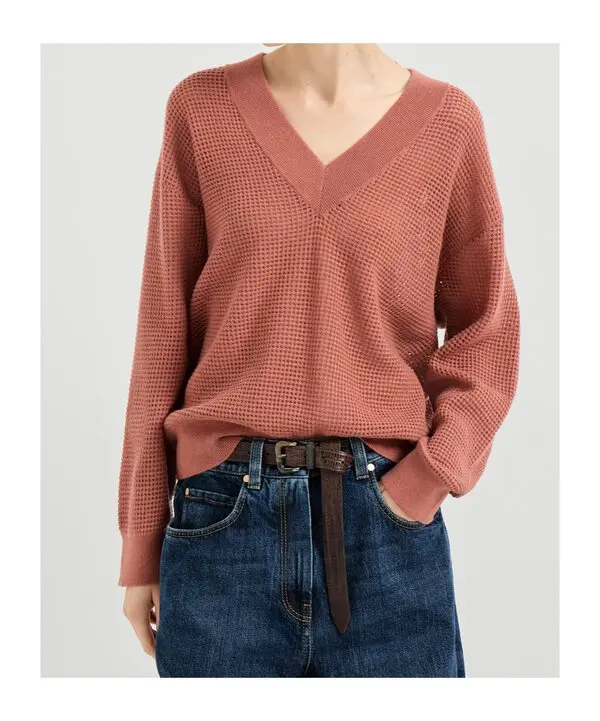 Brunello Cucinelli V-neck Mesh Knit Sweater - Orange