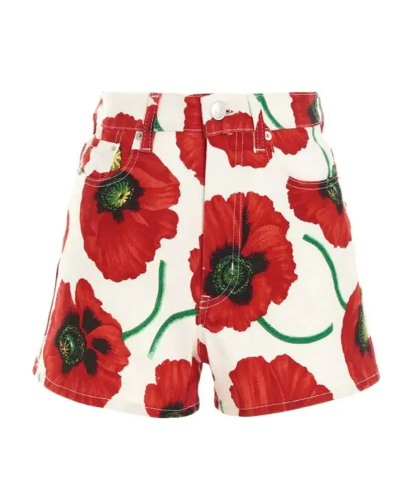 Kenzo All-over Poppy Print Denim Shorts - Red