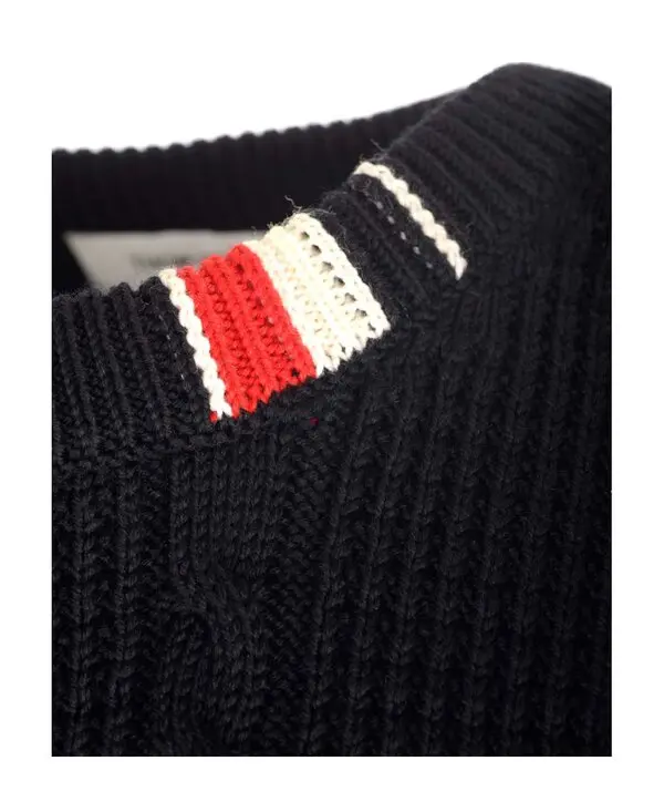 Thom Browne Rwb-striped Cable-knitted Crewneck Jumper