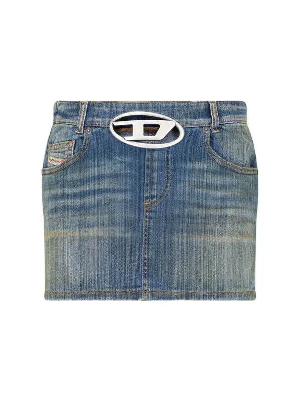DIESEL® Logo Plaque Denim Mini Skirt - Medium Blue