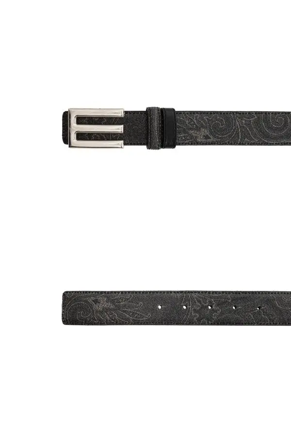 Etro Logo Buckled Paisley Print Reversible Belt - Black