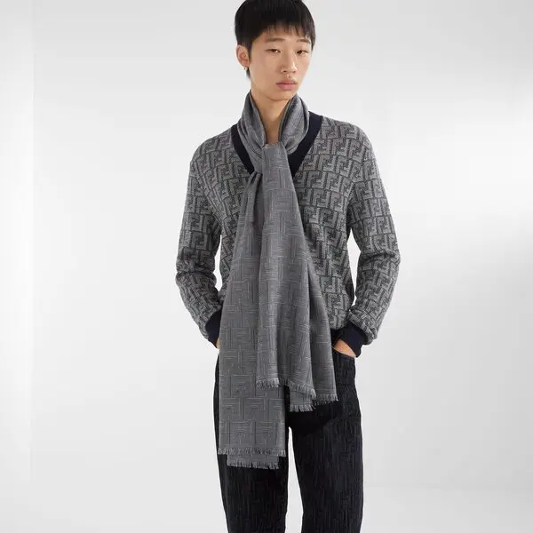 Fendi Monogrammed Fringed Edge Scarf - Gray