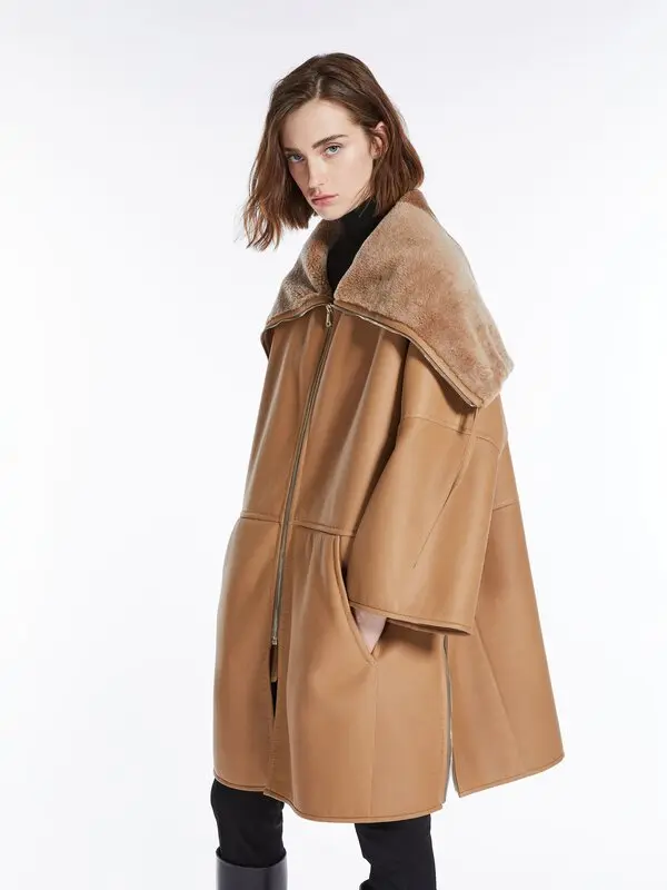 Max Mara Shearling Trim Cape Coat