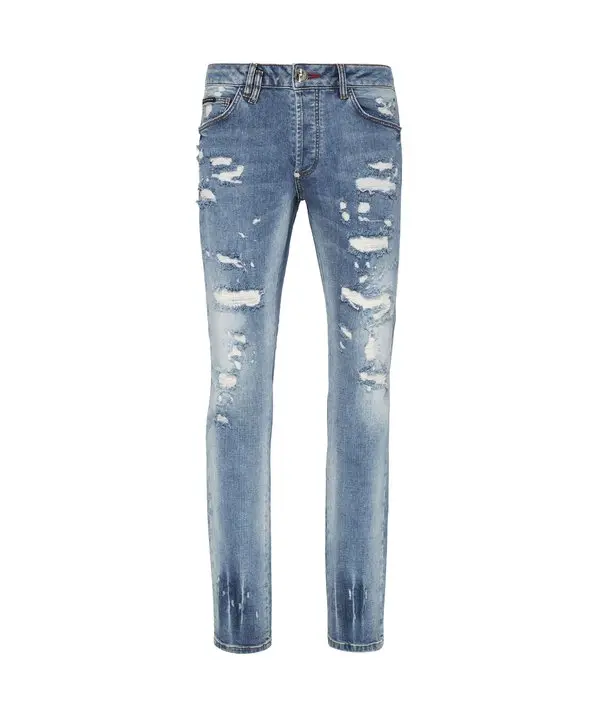 Philipp Plein Belt-loop Jeans With Skull And Bone Embroidery - Blue