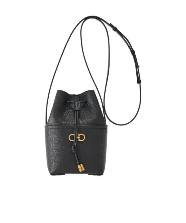 FERRAGAMO Gancini Logo Drawstring Bucket Bag - Black