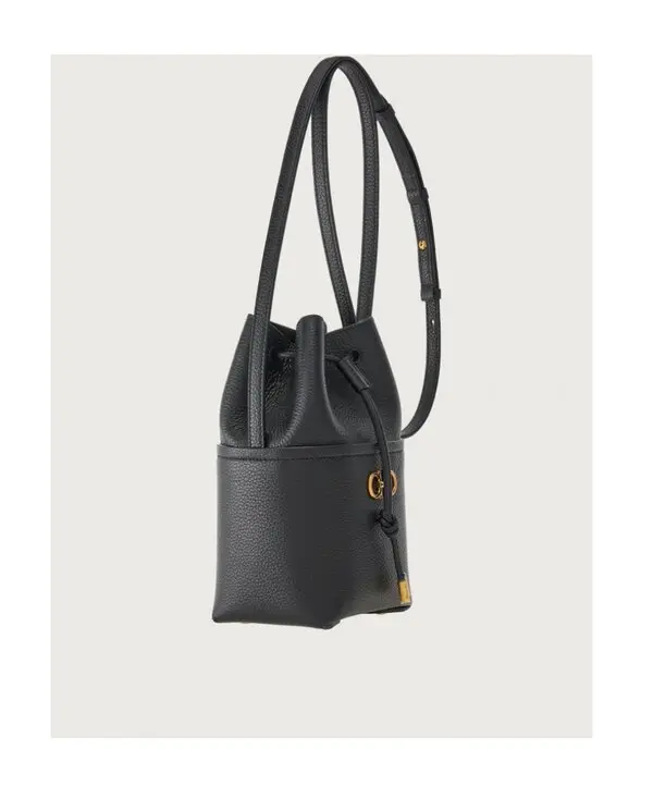 FERRAGAMO Gancini Logo Drawstring Bucket Bag - Black