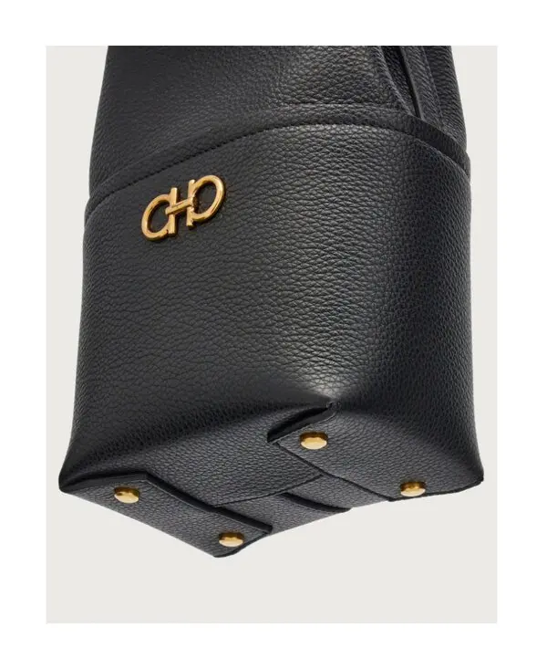 FERRAGAMO Gancini Logo Drawstring Bucket Bag - Black
