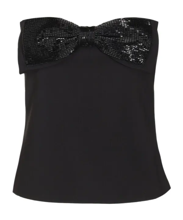 SELF-PORTRAIT Crepe Bandeau Top With Beaded Bow Detail - Black