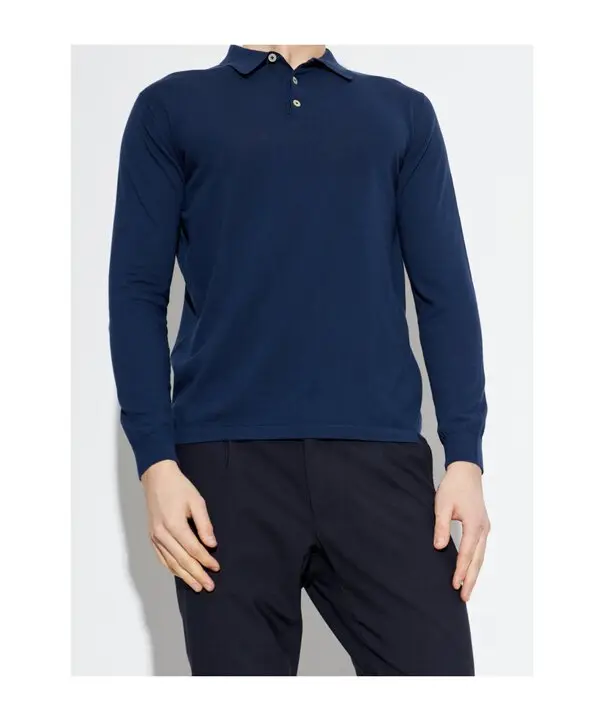 Eleventy Buttoned Long Sleeve Polo Shirt - Blue